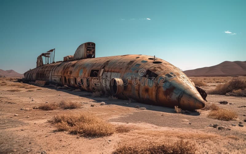 Rusty Airplane Wreckage in Desolate Landscape. Created by Generative ...