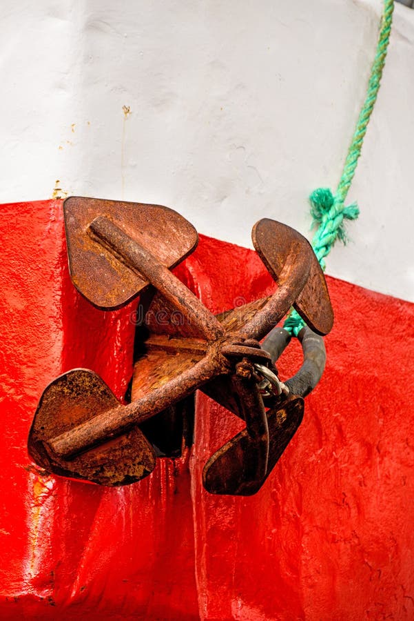 Rusty Anchor on Red and White Ship Stock Image - Image of trawler ...