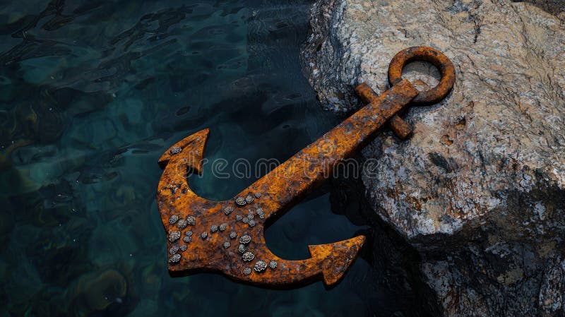 Rusty Anchor Resting on a Rock Near Clear Water Natural Setting Stock ...