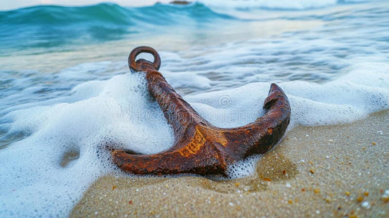 Rusty Anchor on Sandy Beach with Ocean Waves Stock Illustration ...