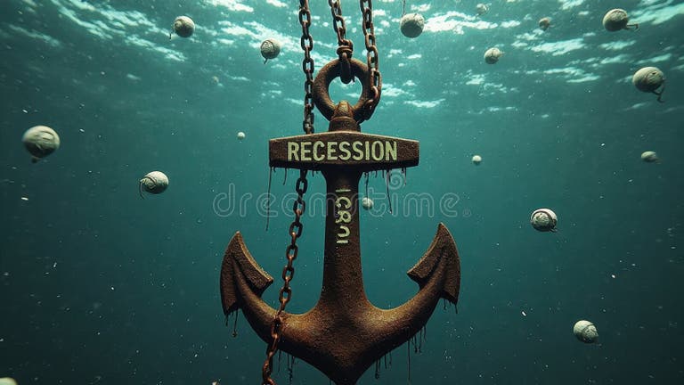 Rusty Anchor Sinking Underwater with Recession Text and Floating Buoys ...