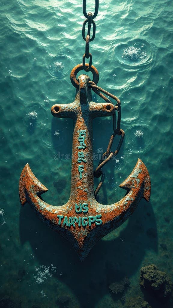 Rusty Anchor Submerged in Clear Ocean Water with Chain and Bubbles ...