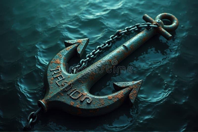 Rusty Anchor Submerged in Dark Ocean Water with Chain Stock Photo ...