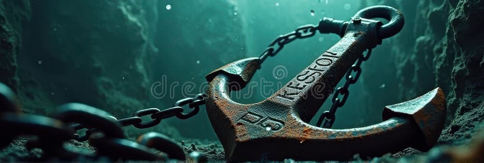 Rusty Anchor Submerged Underwater with Chain Links in a Deep Oceanic ...