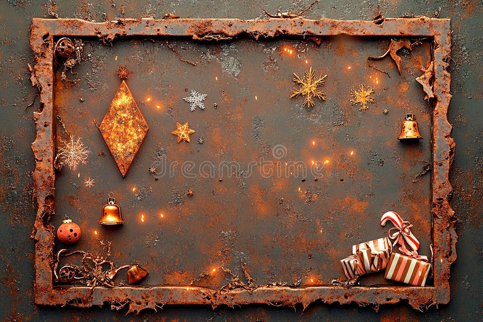 Rusty Apocalyptic Frame Adorned with Festive Elements and a Stripped Rectangular Panel in a ...