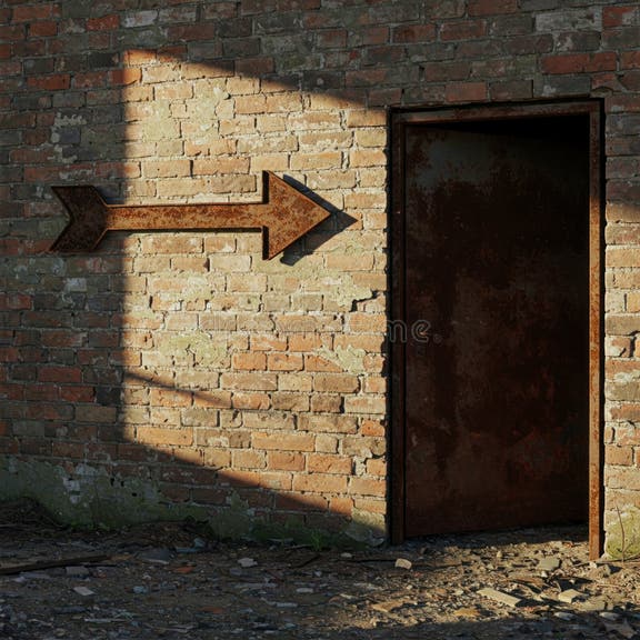A Rusty Arrow on the Brick Wall Points To a Dark Door. Stock Photo ...
