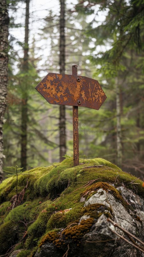 Rusty Arrow Sign on Moss-covered Rock in Forest Stock Image - Image of ...