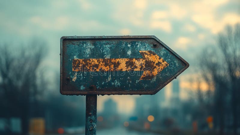 Rusty Arrow Sign Pointing Right on a Blurry Road Stock Image - Image of ...