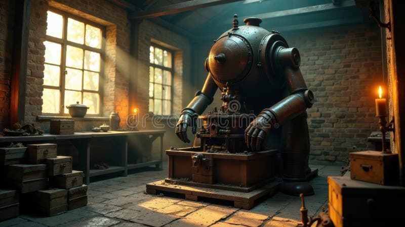 A Rusty Automaton Diligently Works within an Antique Workshop, Bathed ...