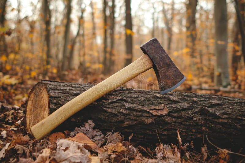 Rusty Axe Resting on a Fallen Log in Autumn Woods Stock Illustration ...