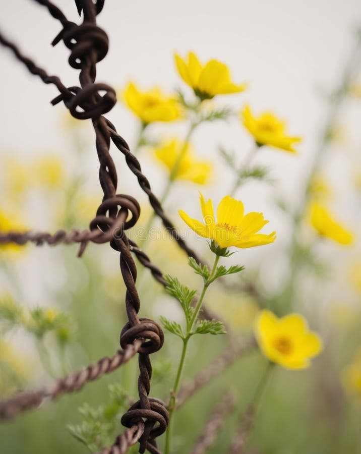 Rusty Barbed Wire Fence with Blurred Yellow Flowers in Background ...