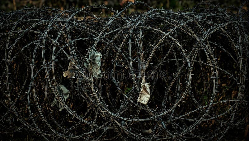 Rusty Barbed Wire Fences Twisted with Torn Fabric Caught on Spikes ...