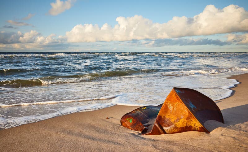 Rusty Barrel on a Beach at Sunset Stock Image - Image of barrel, beach ...