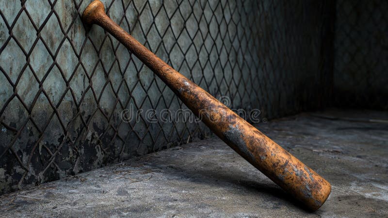 Rusty Baseball Bat Leaning Against a Chainlink Fence Worn and Weathered ...