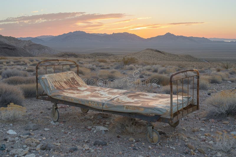 A Rusty Bed Frame Sits Abandoned in the Middle of a Desert Landscape ...