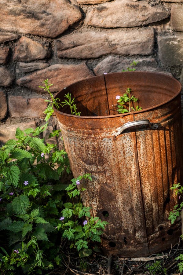 Rusty Bin with Weeds stock image. Image of outdoor, metal - 118851607
