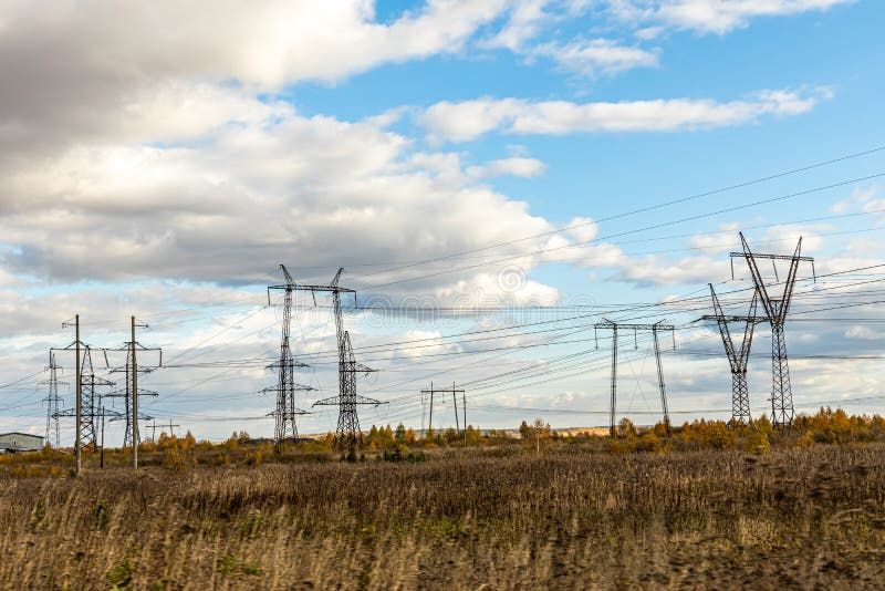 Rusty Power Line is on the Blue Sky with White Clouds Background Stock ...