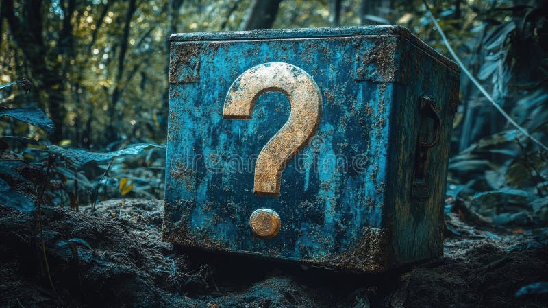 Rusty Blue Box with a Question Mark in a Jungle Setting Stock ...