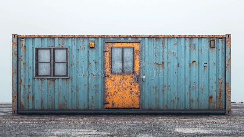 Rusty Blue Container with Orange Door and Windows in an Empty Parking ...
