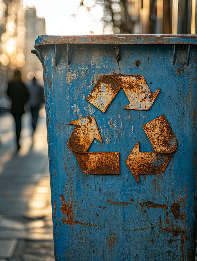 Rusty Blue Recycling Bin on a City Street with Bokeh Background. Stock ...