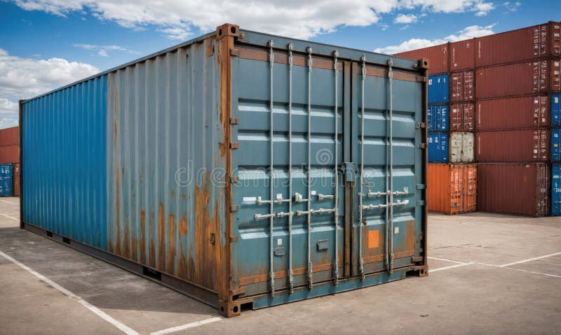 A Rusty Blue Shipping Container Sits in a Yard with Other Containers ...