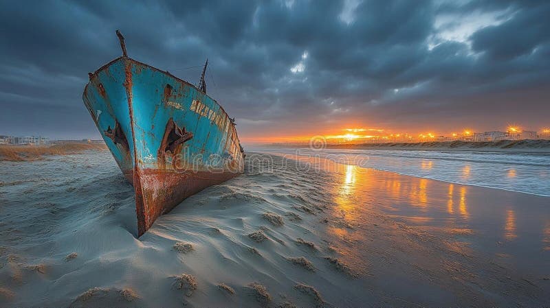 Rusty Blue Shipwreck on Sandy Beach at Sunset Stock Image - Image of ...
