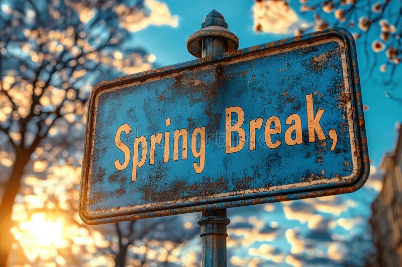 Rusty Blue Street Sign with Spring Break Text Against Sunset Sky. Stock ...