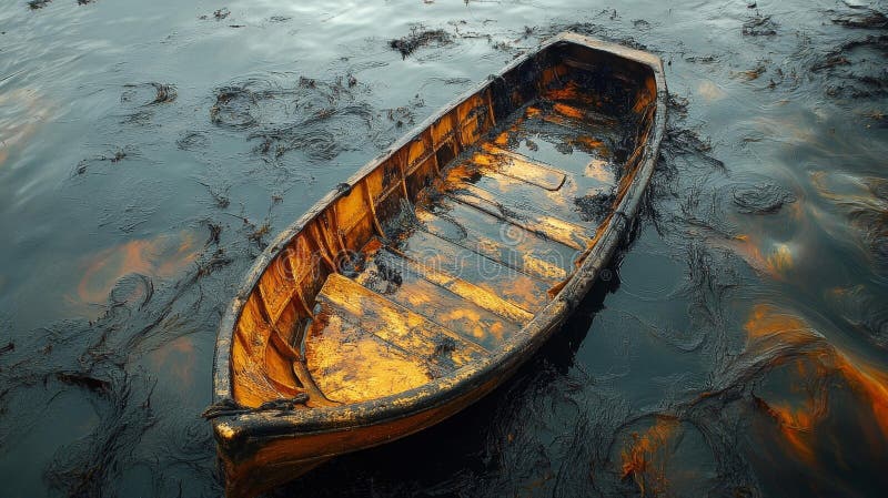 Rusty Boat Amidst Oil-covered Water and Floating Trash Stock ...