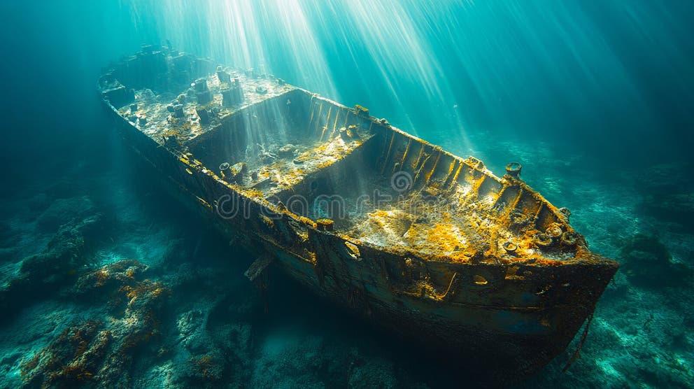 A Rusty Boat in the Ocean with Sunlight Shining through the Water Stock ...