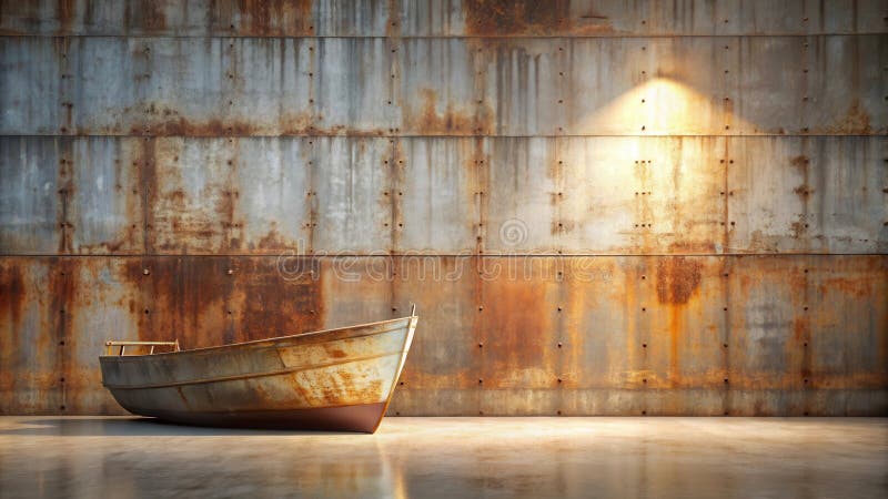 Rusty Boat Resting Against a Weathered Metal Wall Under a Single Light ...