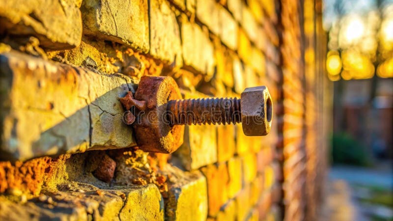 Rusty Bolt and Nut Embedded in Aged Brick Wall at Sunset. Generative AI ...
