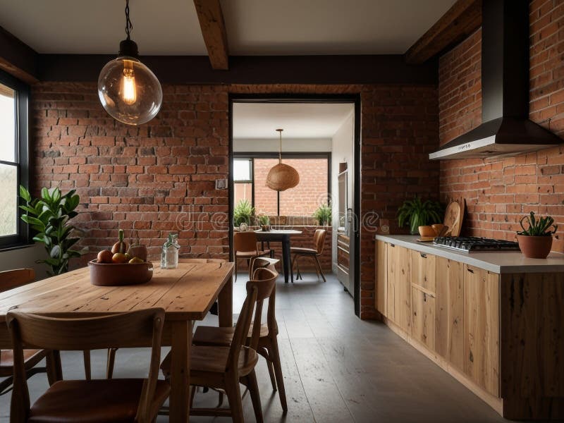 Rusty Brick Look Modern Kitchen and Dining Idea Stock Illustration ...