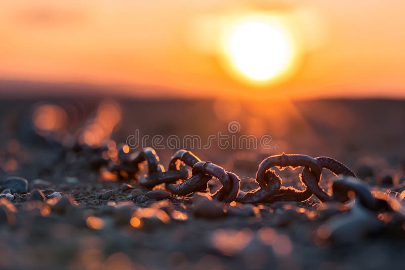 Rusty Broken Chains on the Ground at Sunrise Symbolizing the Dawn of ...