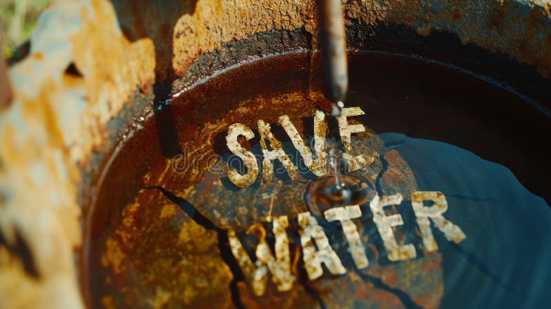 Rusty Bucket with "Save Water" Message in Cracked Surroundings Stock ...