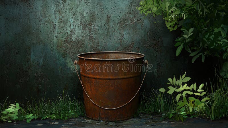 Rusty Bucket Surrounded by Vibrant Greenery Against a Textured Wall ...