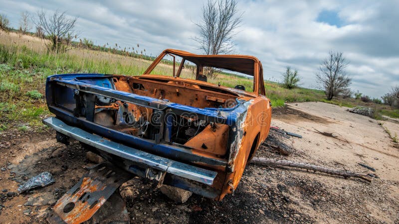 Rusty burned wrecked car stock image. Image of rusted - 76341733
