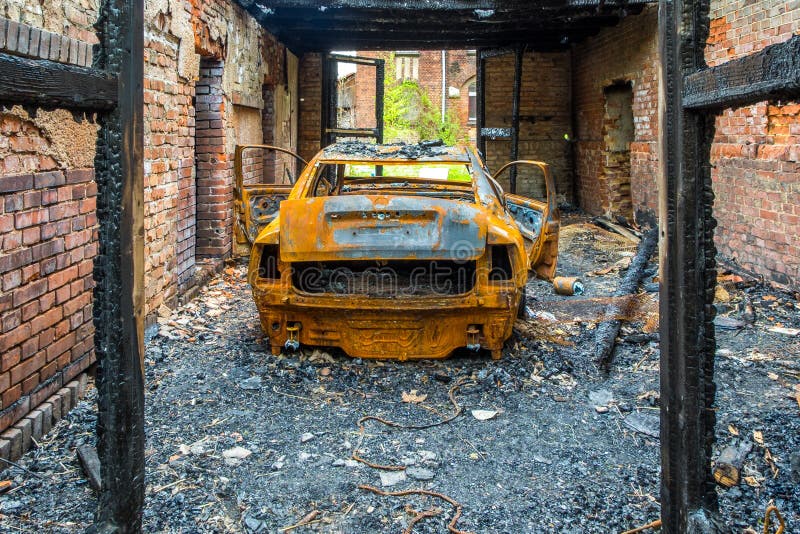 Burnt Out Car in a Garage - Police-secured Crime Scene - Forbidden To ...