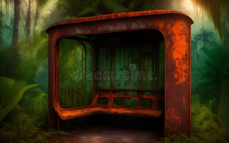 Rusty Bus Stop in Rainforest with Shining Light.Generative Al ...