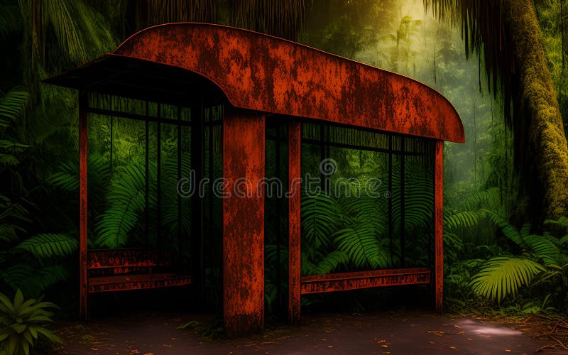 Rusty Bus Stop in Rainforest with Shining Light.Generative Al ...