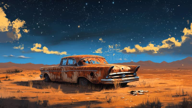 Rusty car desert night stock photo. Image of horizon - 382531440