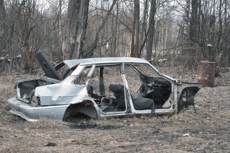 Rusty Car Frame in the Forest. Ecological Problems Stock Photo - Image ...