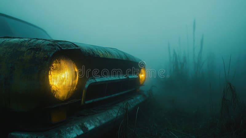 Driving Old Rusty Car in Misty Field Stock Illustration - Illustration ...