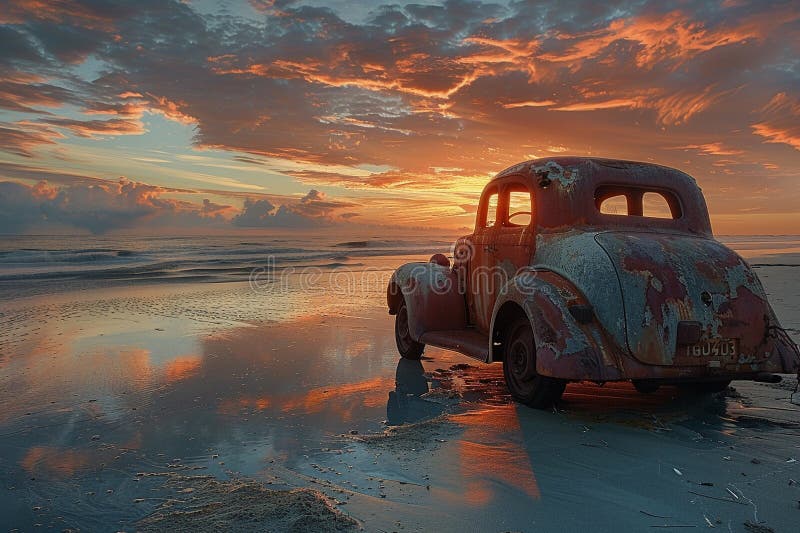 Rusty Car at Sunset Beach stock illustration. Illustration of rusty ...