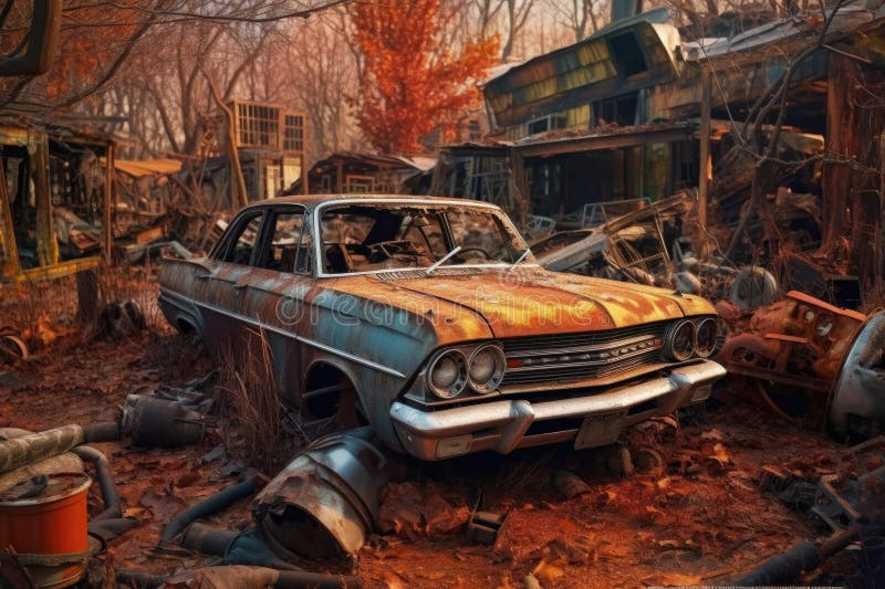 Rusty Car Wreckage in a Vintage Junkyard Setting Stock Illustration ...