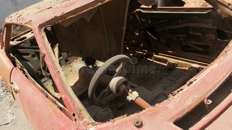 Rusty Car Wrecked Interior, Broken and Missing Cabin Parts Stock Photo ...