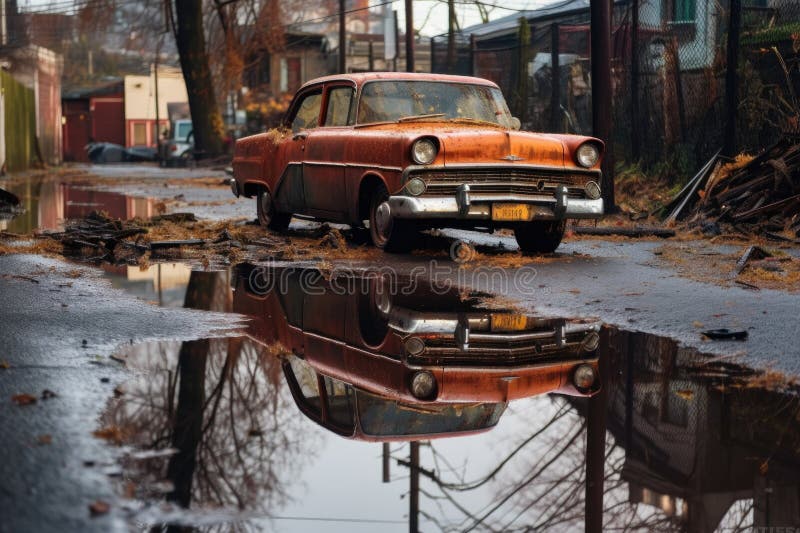 Rusty Car Wrecks Reflection in a Puddle after Rain Stock Illustration ...