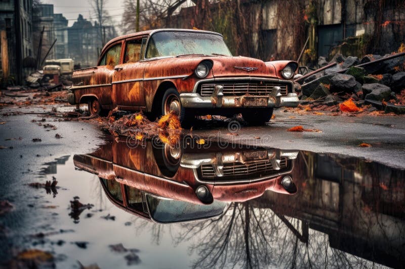 Rusty Car Wrecks Reflection in a Puddle after Rain Stock Illustration ...