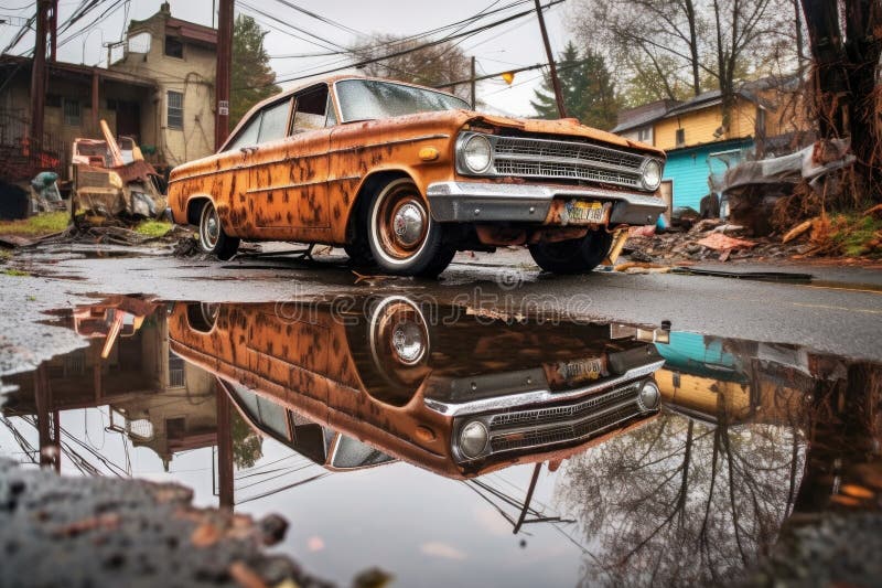 Rusty Car Wrecks Reflection in a Puddle after Rain Stock Illustration ...