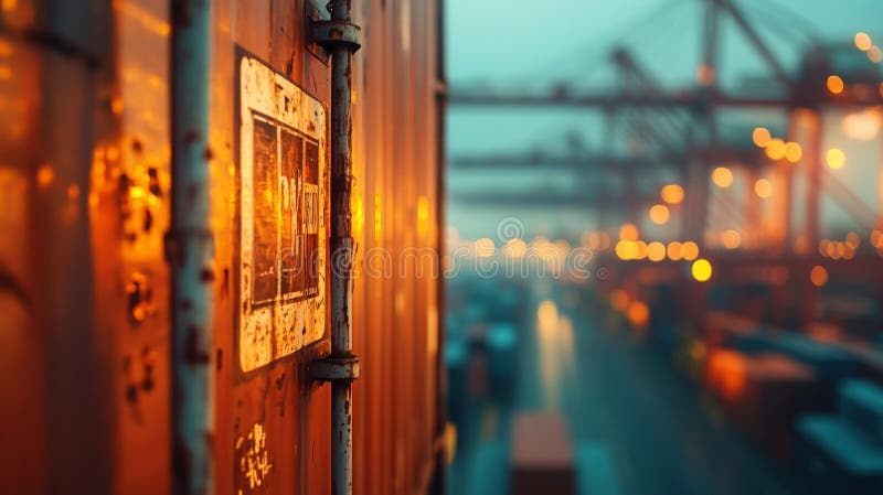 Rusty Cargo Container at a Busy Port at Dusk Stock Illustration ...