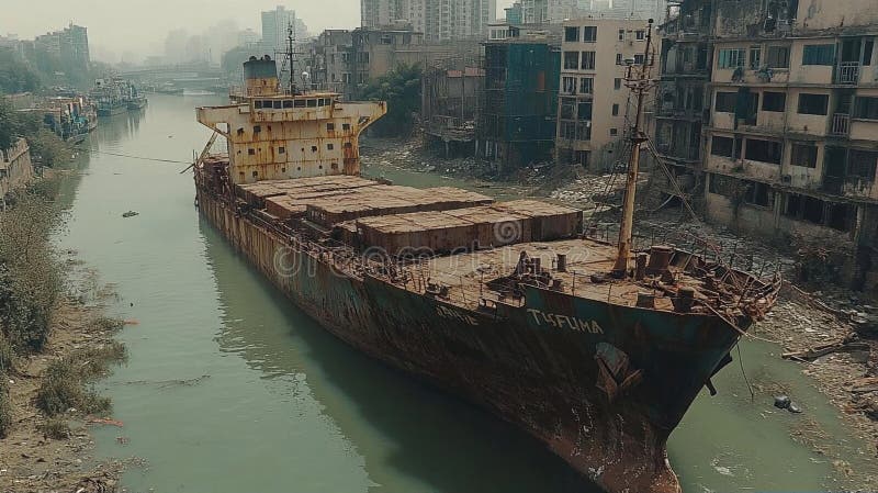 Rusty Cargo Ship Abandoned in Urban River Stock Image - Image of brown ...